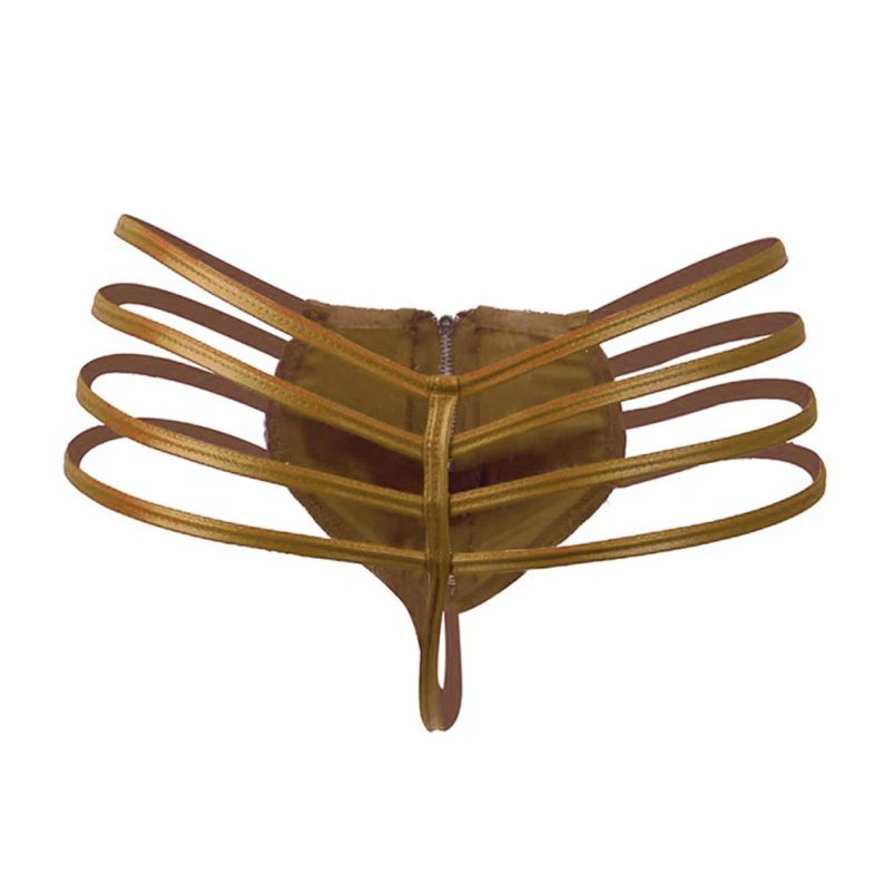 String homme doré ficelle en cuir avec fermeture éclair - StringHomme.fr